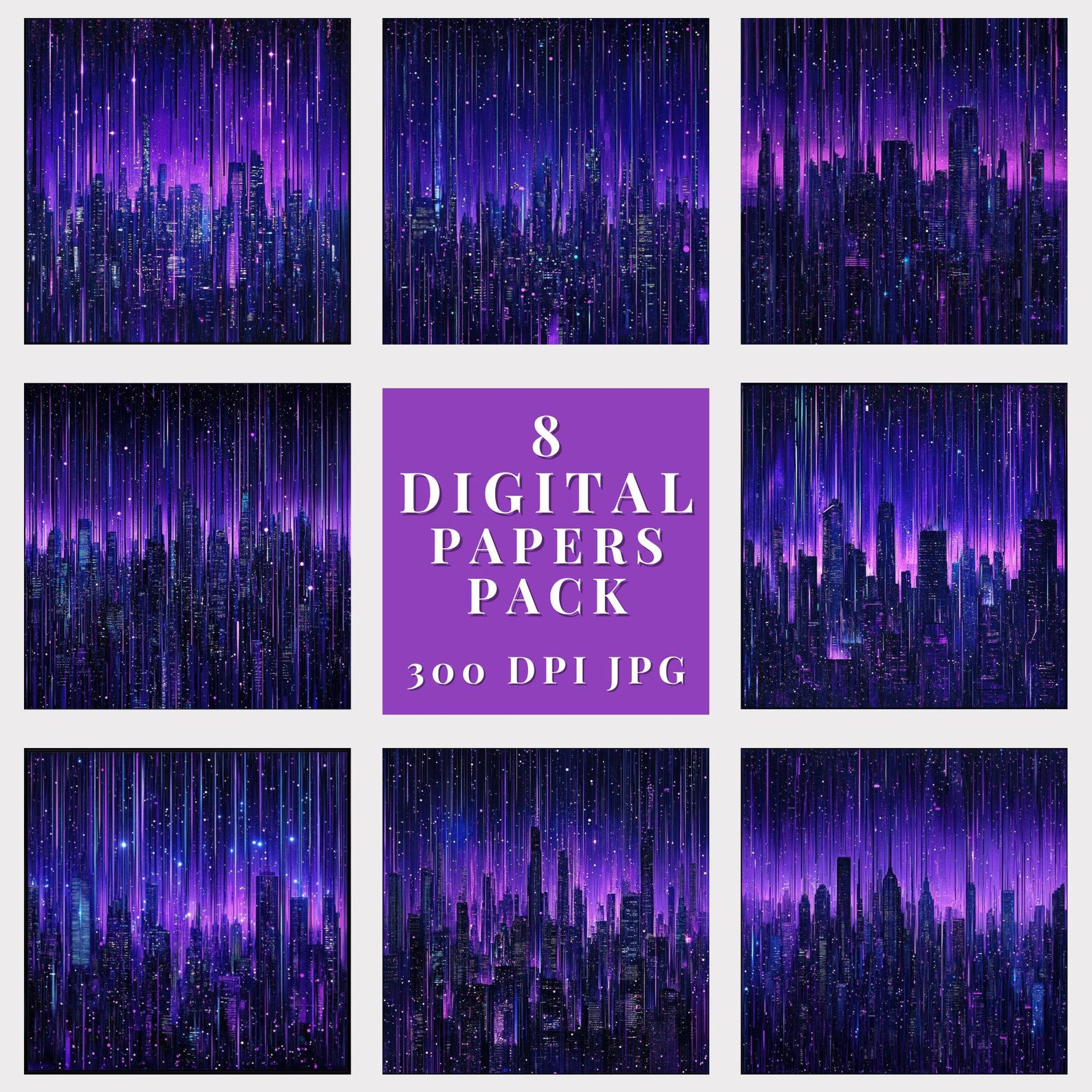 Glitchcore Cityscape Neon Texture Backgrounds Digital Paper Pack 8 High ...