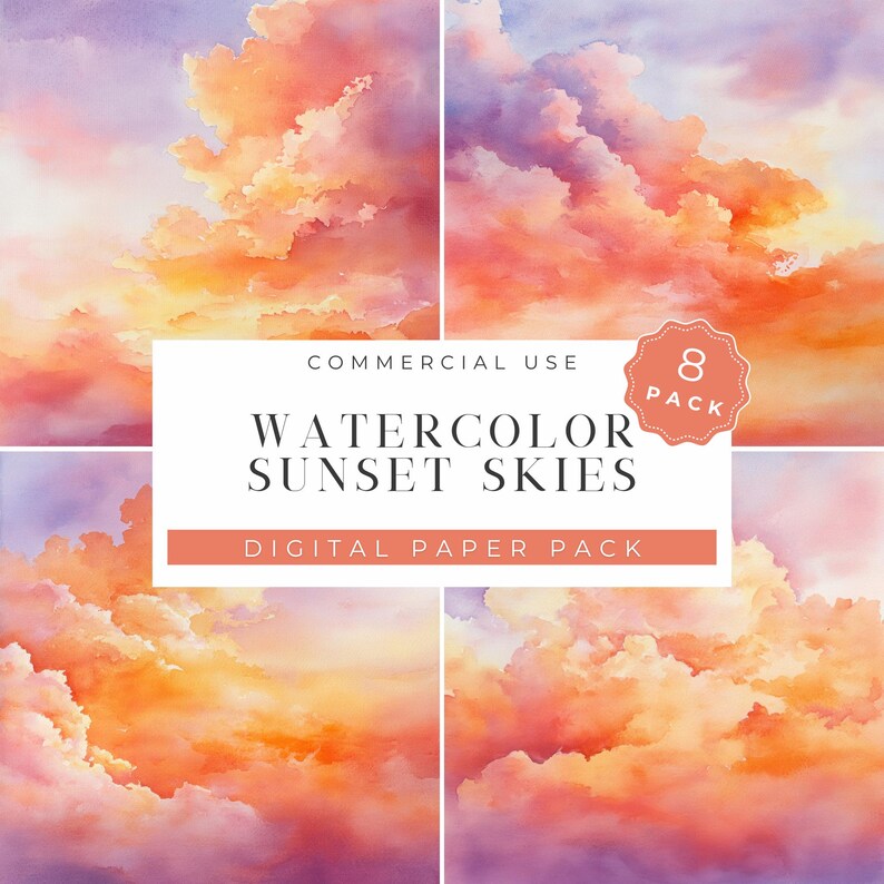 Watercolor Sunset Skies Backgrounds Digital Paper Pack 8 High ...