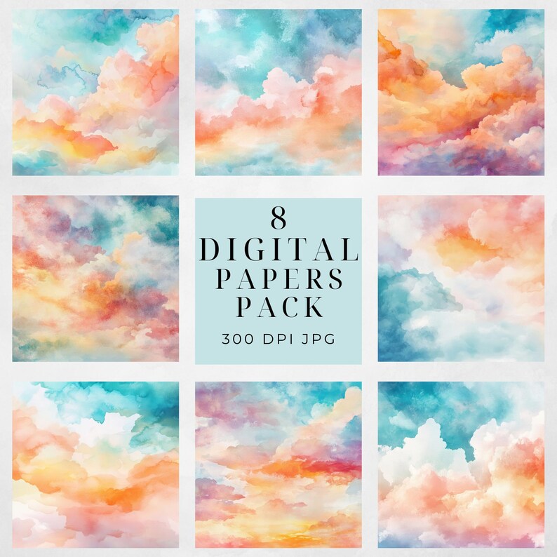 Sunset Skies Watercolor Backgrounds Digital Paper Pack 8 High ...