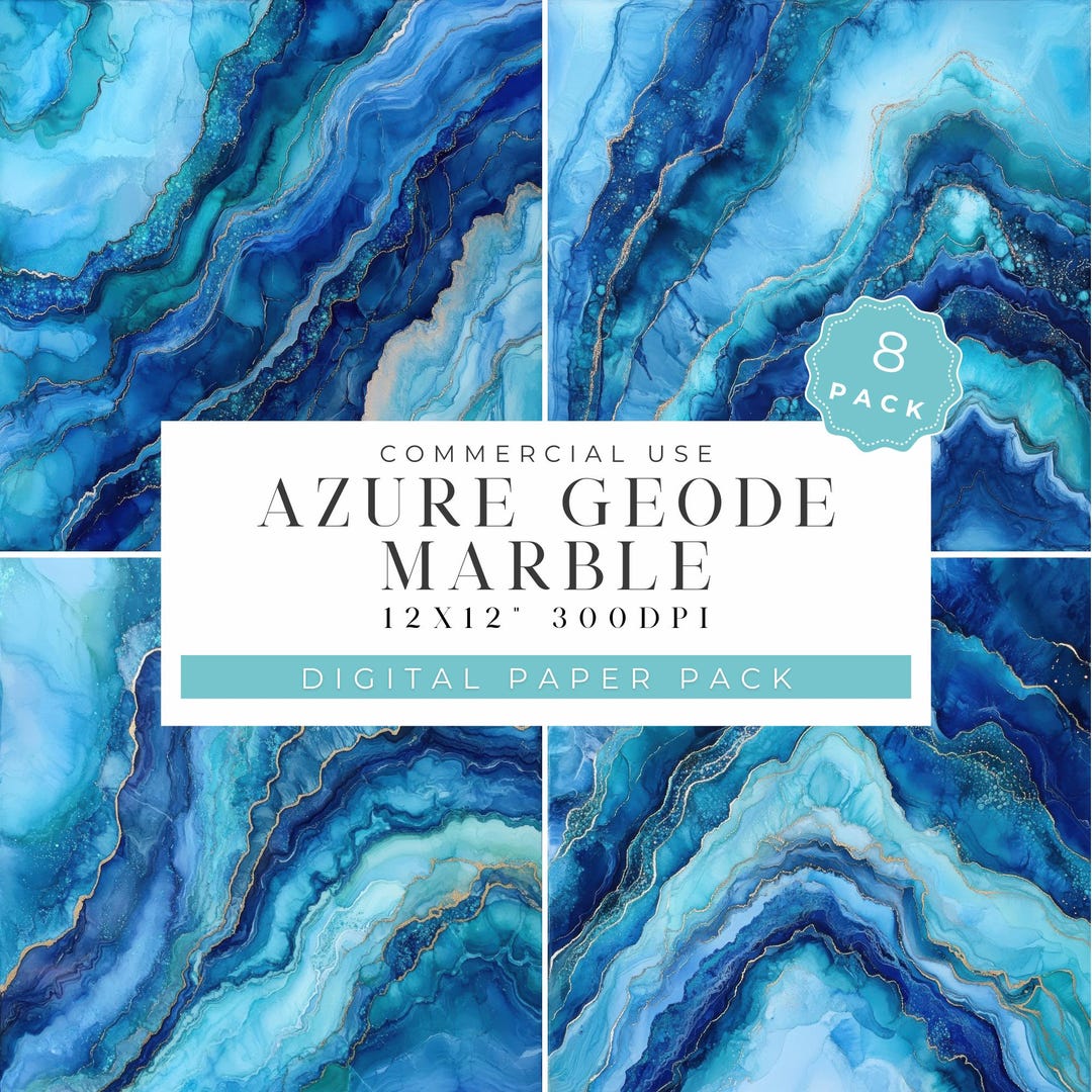 Azure Blue Geode Marble Texture Backgrounds Digital Paper Pack 8 High ...