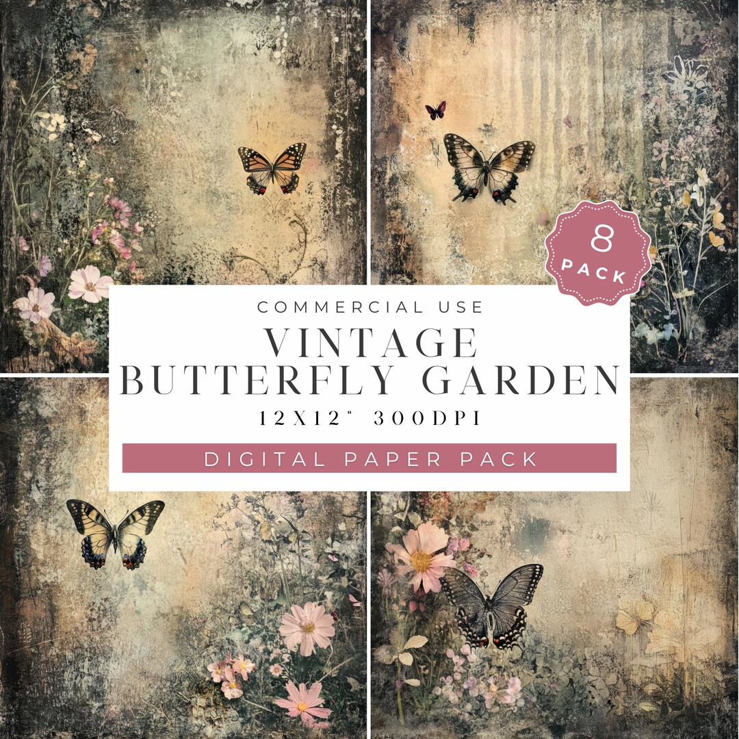 Vintage Butterfly Garden Backgrounds Digital Paper Pack 8 High ...