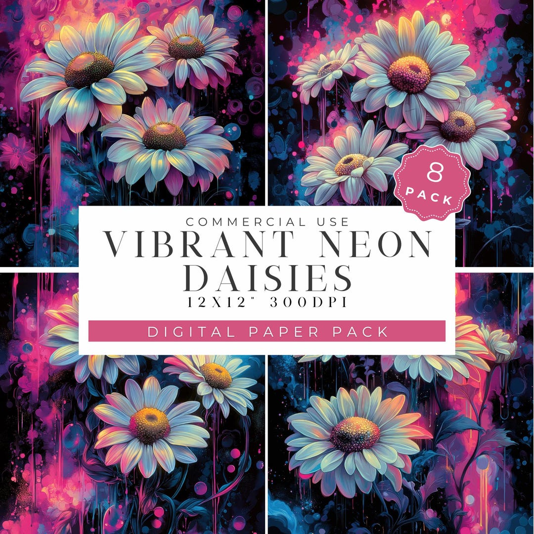 Vibrant Neon Daisies Texture Backgrounds Digital Paper Pack 8 High Res ...