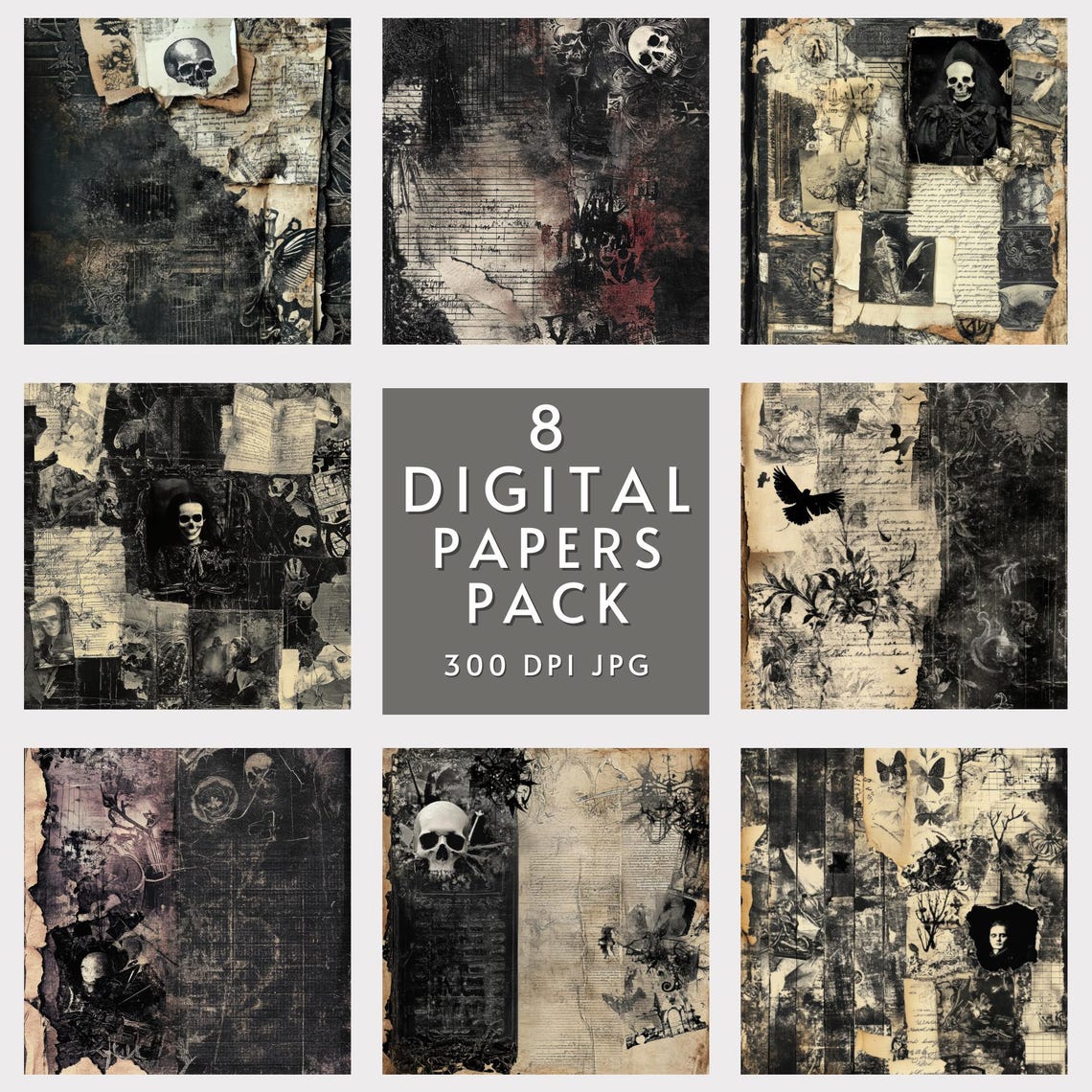 Macabre Gothic Junk Journal Dark Texture Backgrounds 8 Digital Paper ...