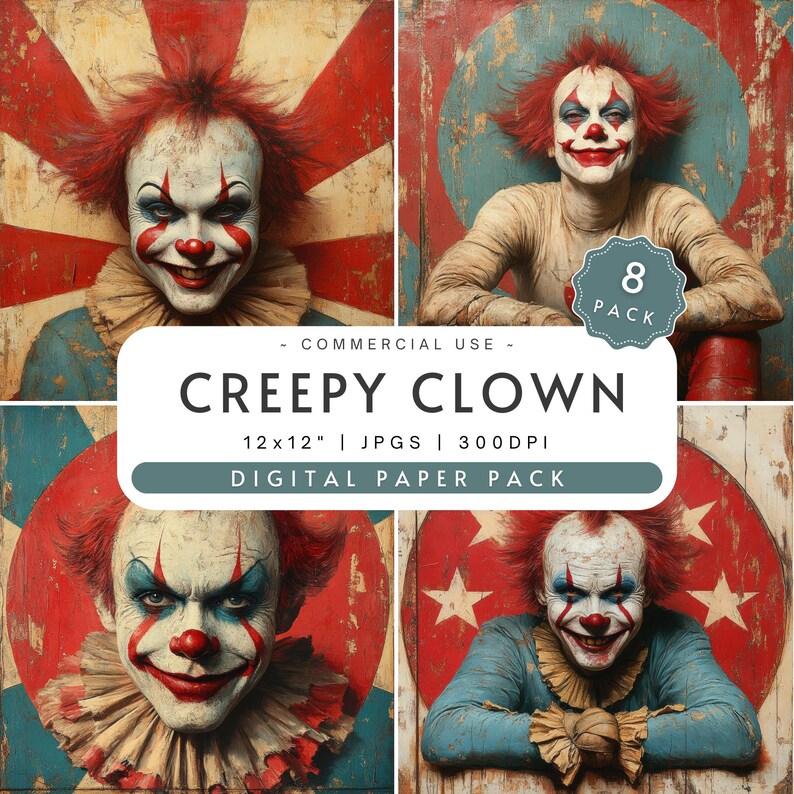 Creepy Clown Circus Vintage Texture Backgrounds 8 Digital Paper Pack ...