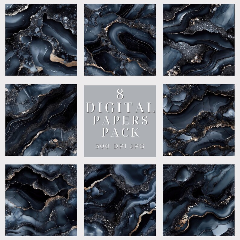 Black Onyx Geode Texture Backgrounds Digital Paper Pack 8 High Resolution 300DPI 12x12" JPG ...