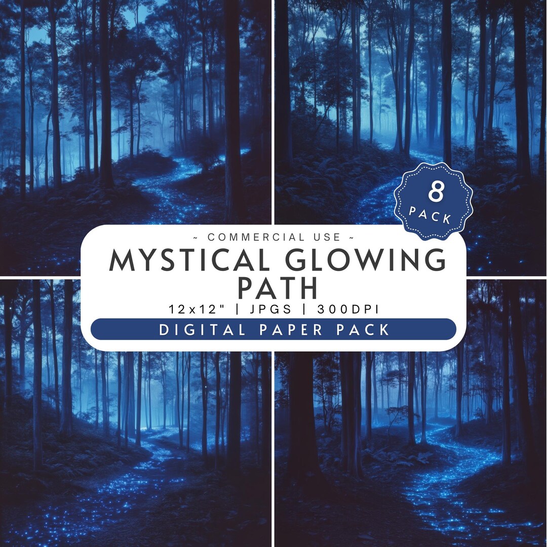 Mystical Glowing Path Digital Paper Pack: Blue Forest Backgrounds (8 ...