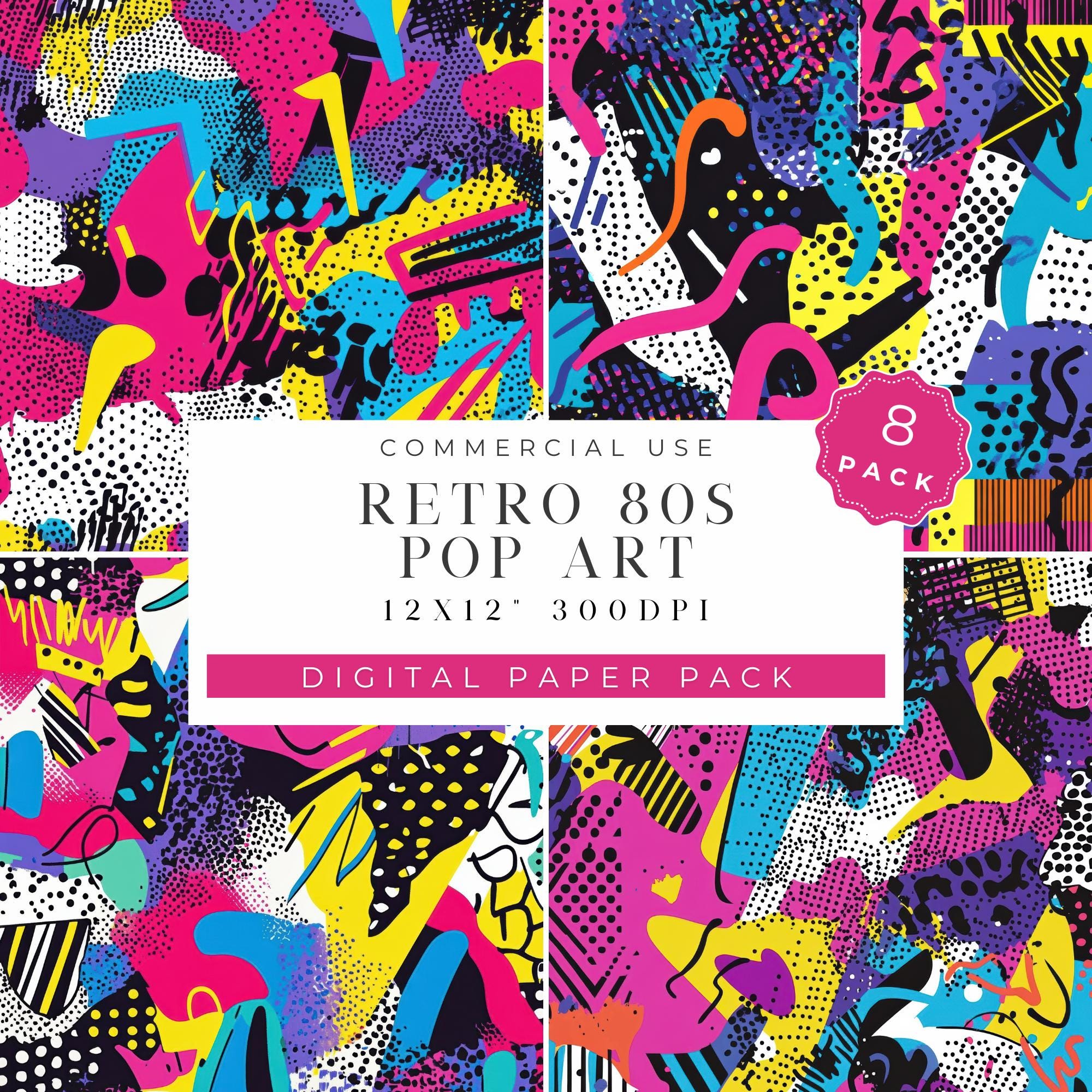 Retro 80s Pop Art Backgrounds Digital Paper Pack 8 High Resolution ...