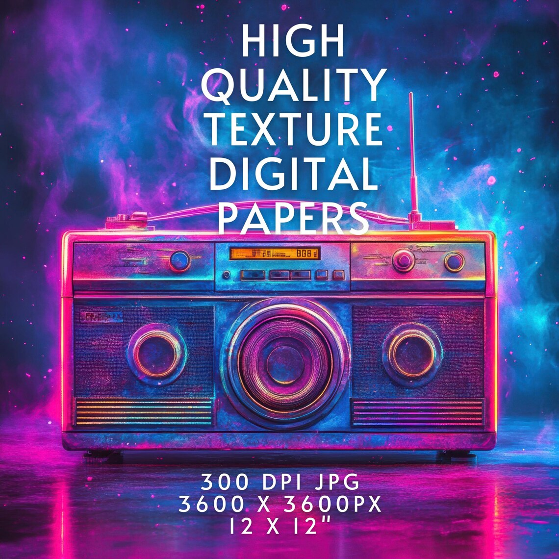 Neon Retro Boombox 80s Funky Vibrant Texture Backgrounds 8 Digital ...