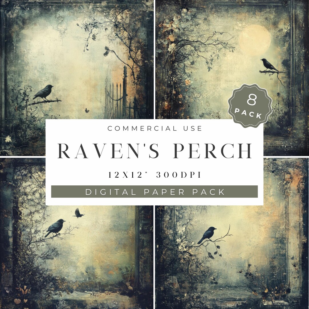 Raven's Perch Gothic Crow Backgrounds Digital Paper Pack 8 High ...