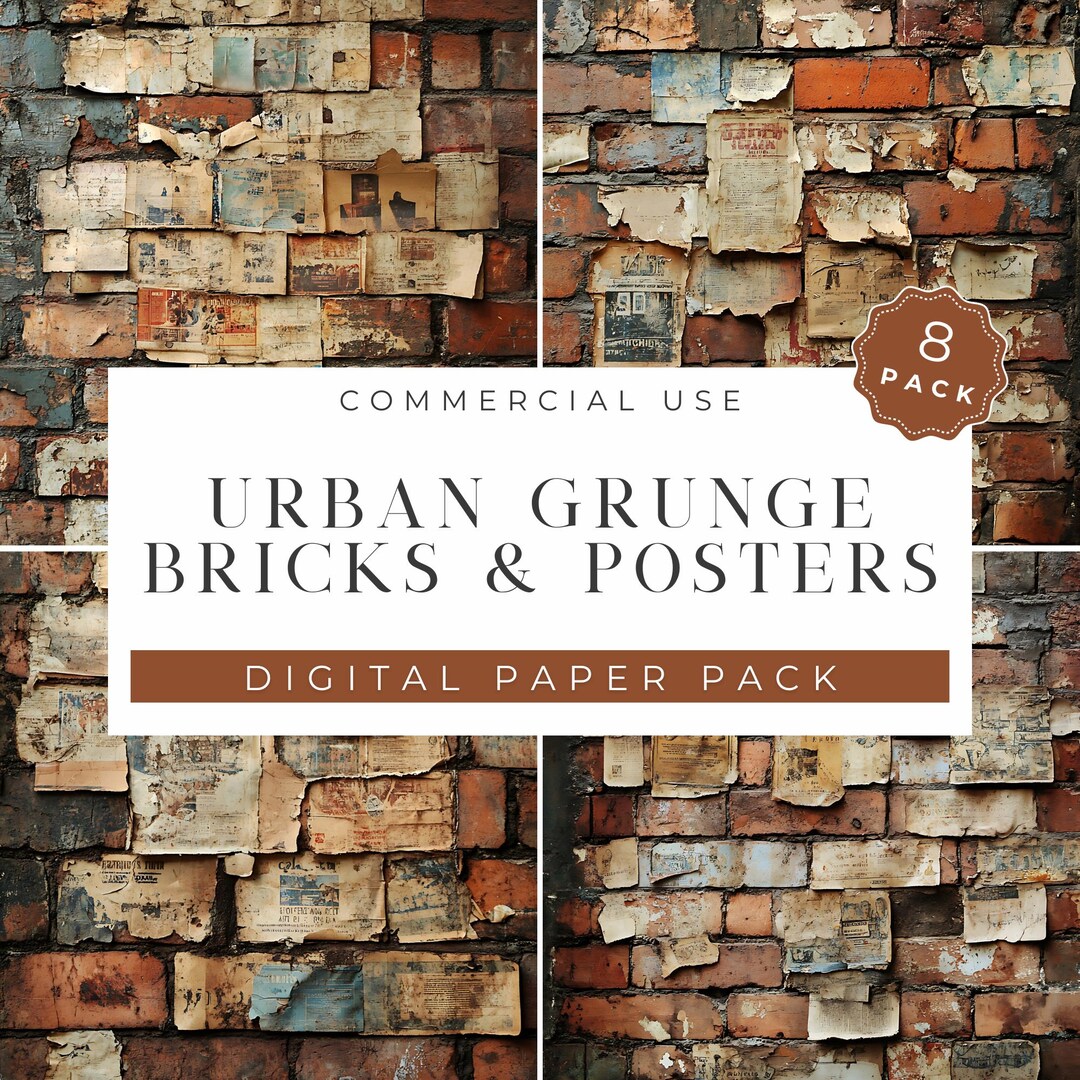 Urban Grunge Bricks & Posters Digital Paper Pack 8 High Resolution ...