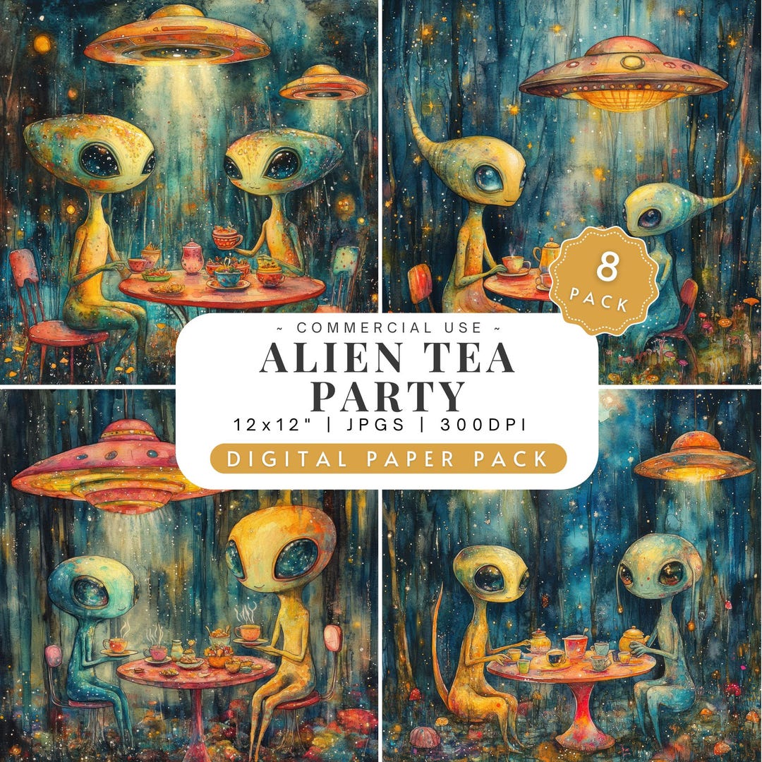 Alien Tea Party UFO Cute Cosmic Texture Backgrounds Digital Paper Pack ...