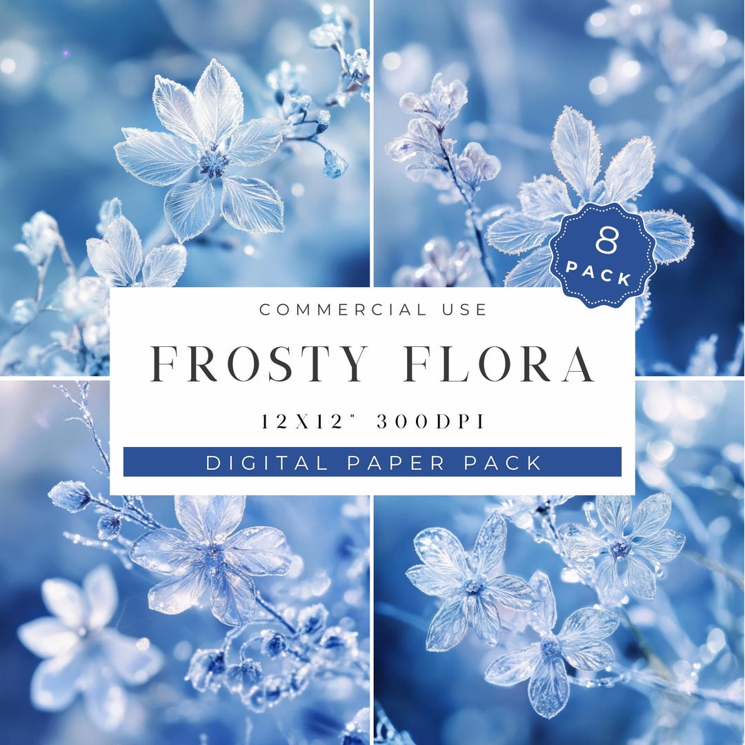 Winter Floral Digital Paper Pack: Icy Blue Flowers (12x12" JPG) - Etsy