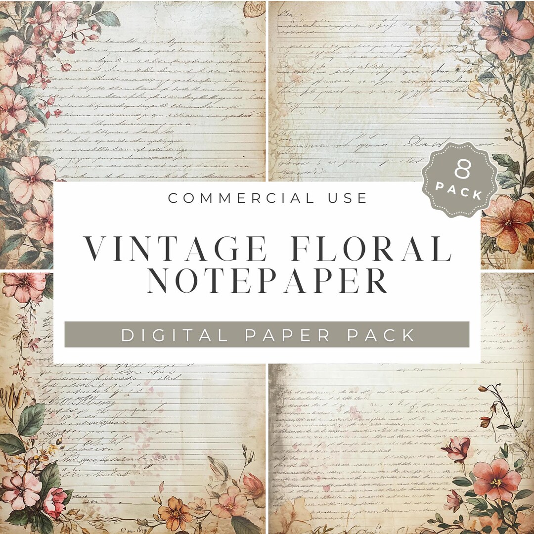 Vintage Floral Notepaper Digital Paper Pack 8 High Res Backgrounds ...