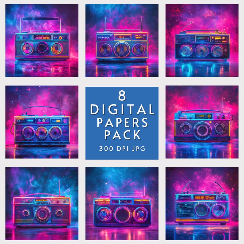 Neon Retro Boombox 80s Funky Vibrant Texture Backgrounds 8 Digital ...