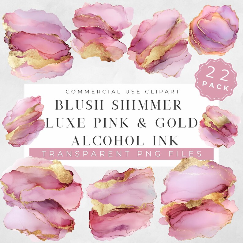 Blush Shimmer Luxe Pink & Gold Alcohol Ink Abstract Clip Art Pack 22 ...