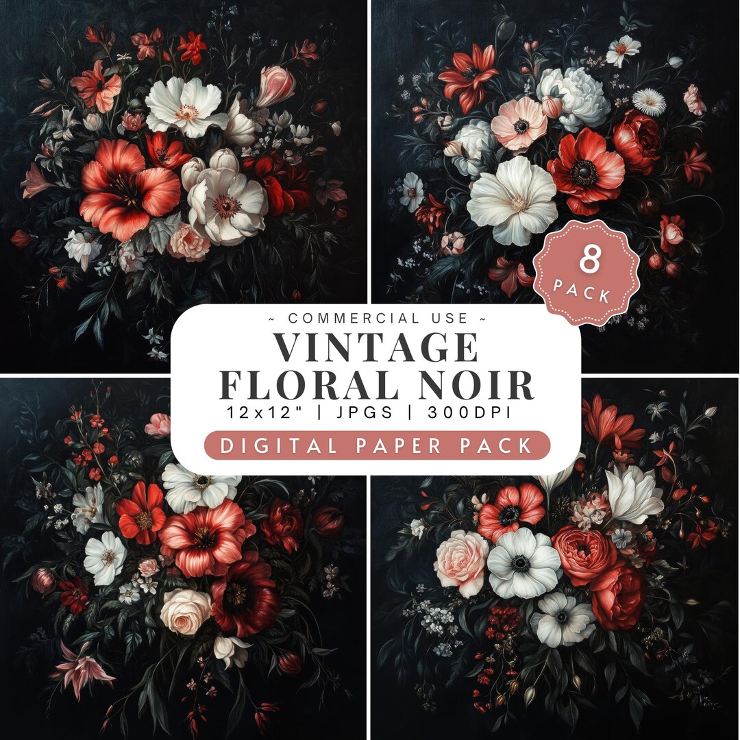 Vintage Floral Noir Dark Moody Texture Backgrounds Digital Paper Pack 8 ...