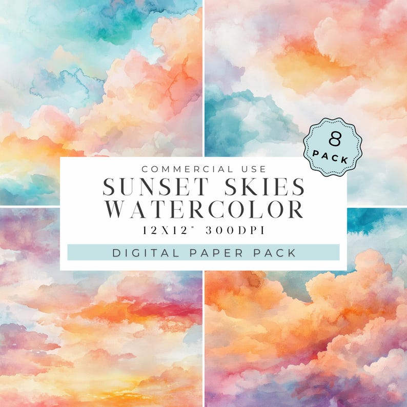 Sunset Skies Watercolor Backgrounds Digital Paper Pack 8 High ...