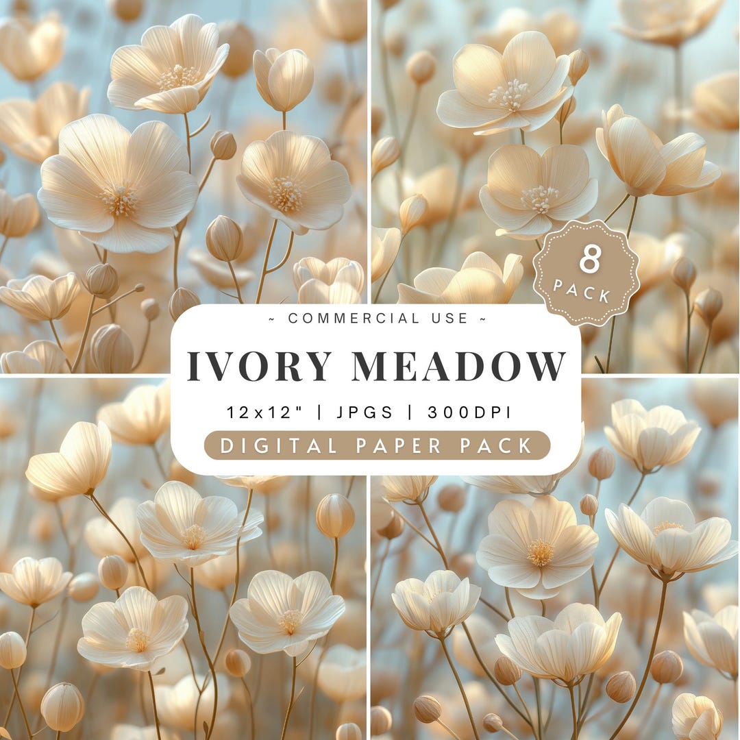 Ivory Meadow Flowers Floral Textures Backgrounds Digital Paper Pack 8 ...