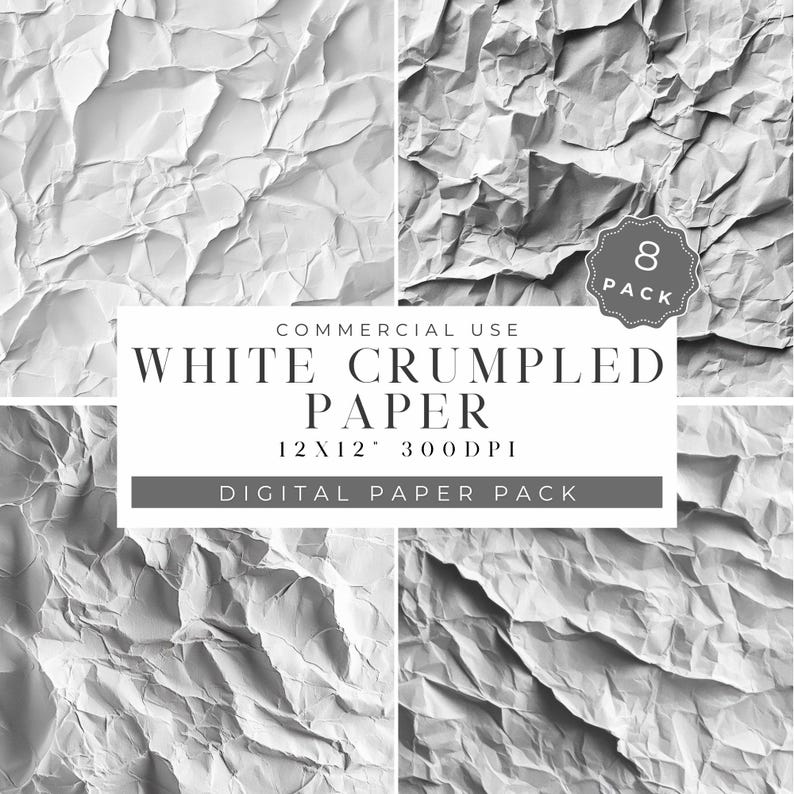 White Crumpled Paper Crinkle Texture Backgrounds Digital Paper Pack 8 ...
