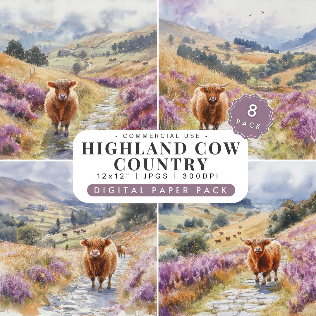 Highland Cow Country Scottish Textures Backgrounds Digital Paper Pack 8 ...