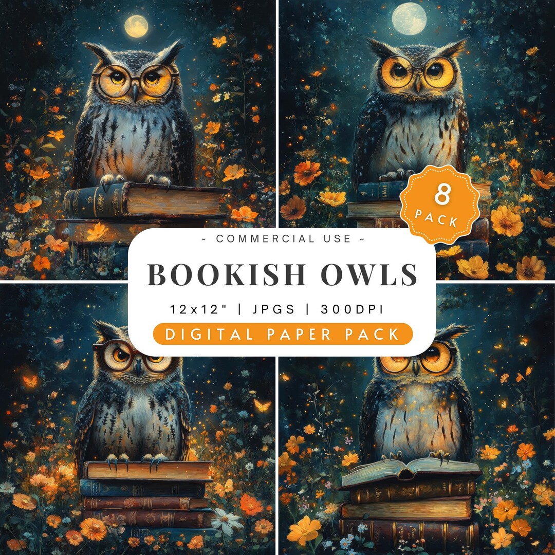 Bookish Owls Wise Glasses Books Textures Backgrounds Digital Paper Pack ...