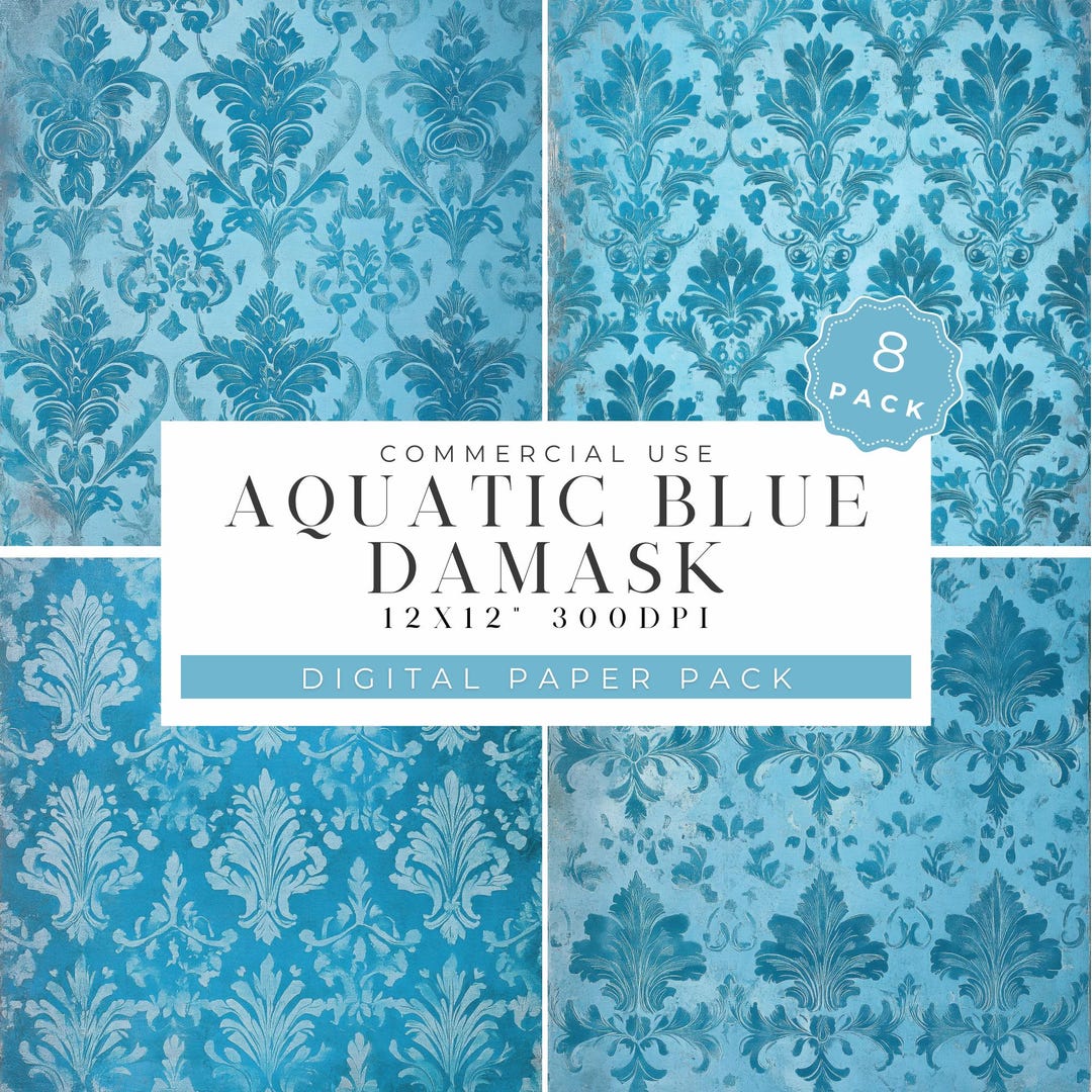 Aquatic Blue Damask Texture Backgrounds Digital Paper Pack 8 High ...
