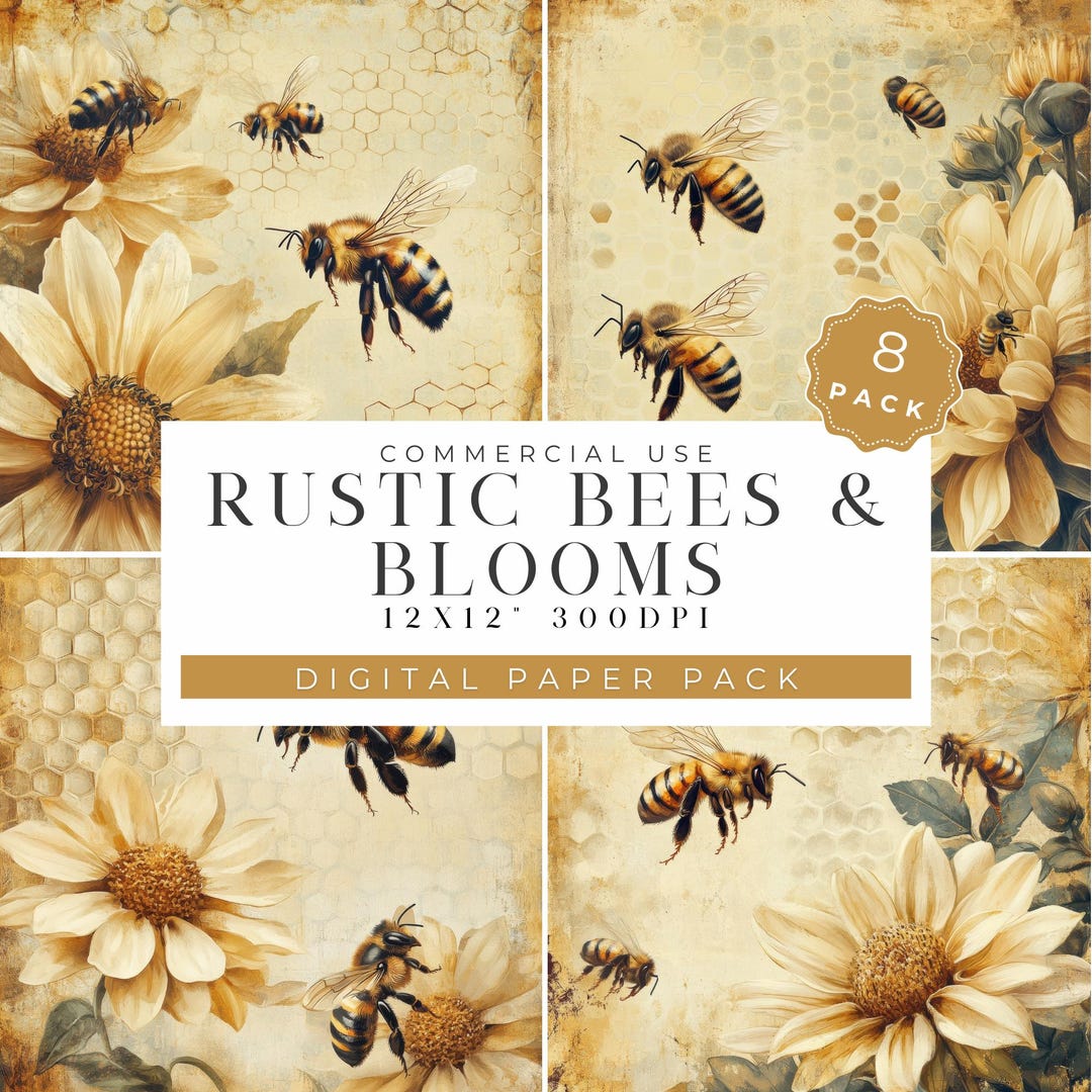 Rustic Bees & Blooms Digital Paper Pack 8 High Resolution Backgrounds ...