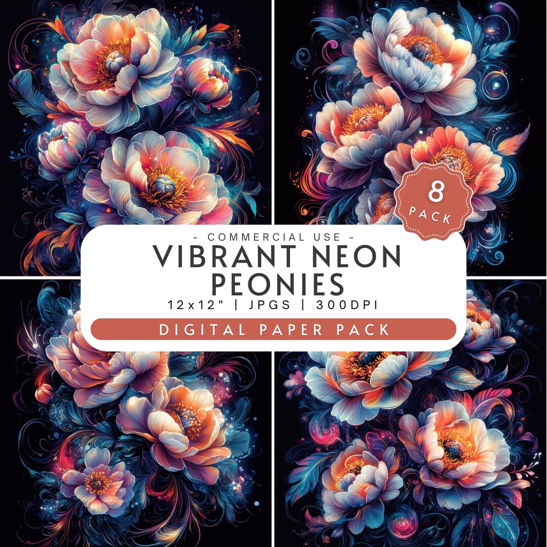 Vibrant Neon Peonies Texture Backgrounds Digital Paper Pack 8 High Res ...