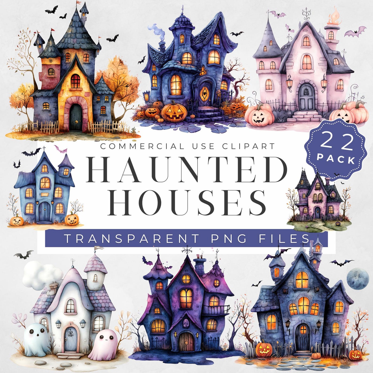 Spooky Halloween Haunted Houses Clip Art Pack 22 PNG Images 300 DPI ...