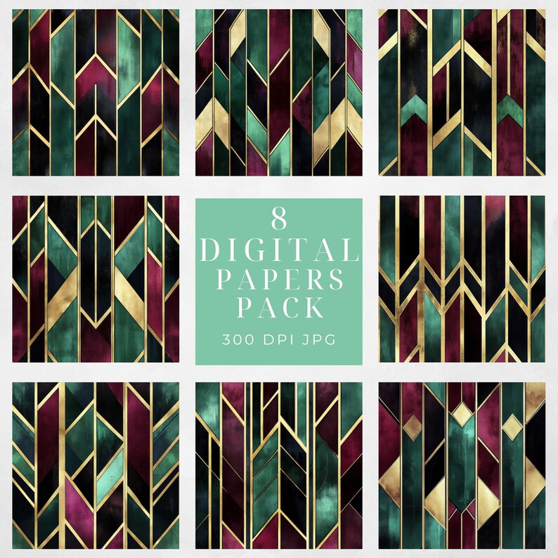 Golden Emerald Art Deco Backgrounds Digital Paper Pack 8 High ...