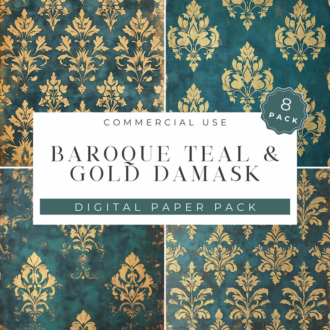 Baroque Teal & Gold Damask Digital Paper Pack 8 High Resolution ...