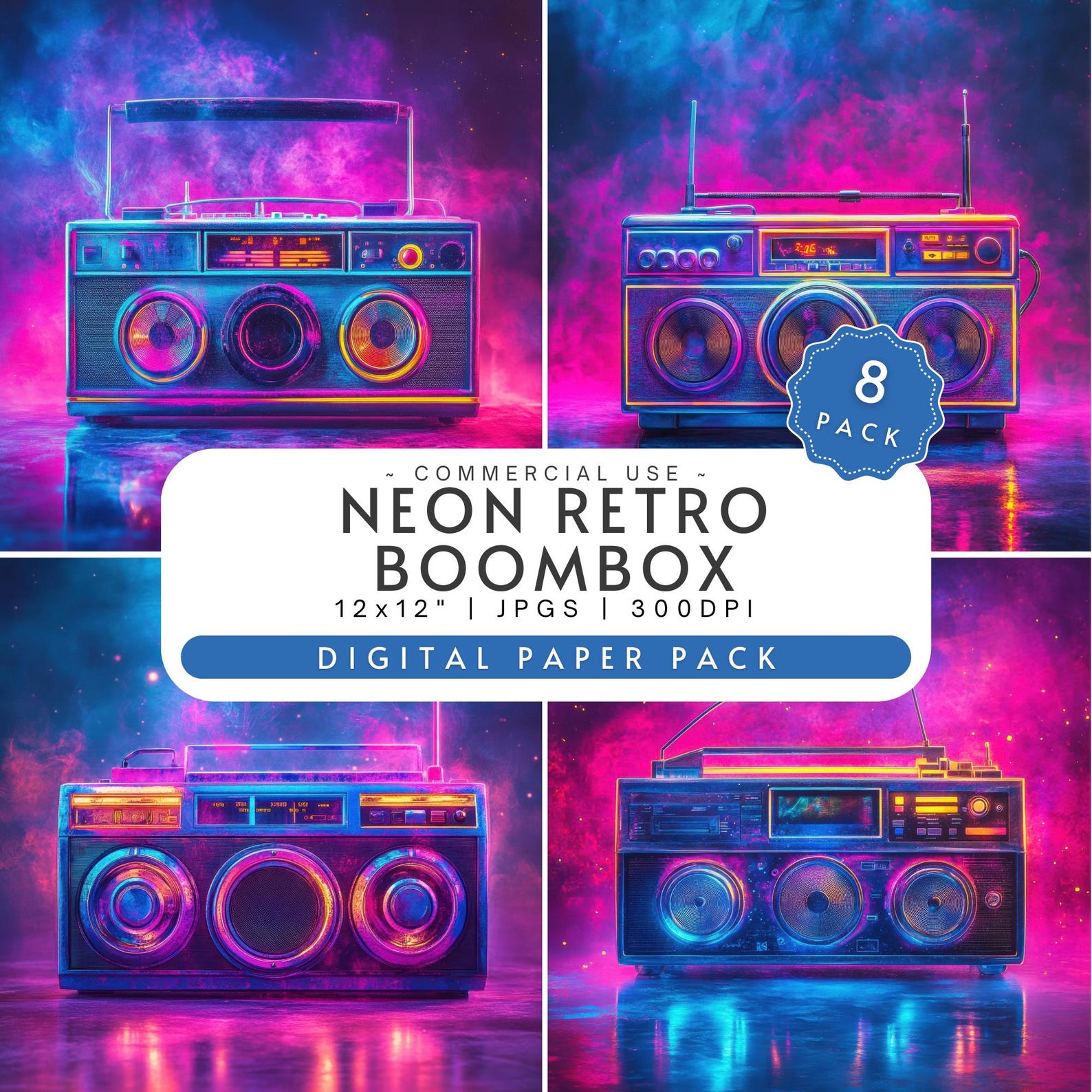 Neon Retro Boombox 80s Funky Vibrant Texture Backgrounds 8 Digital ...