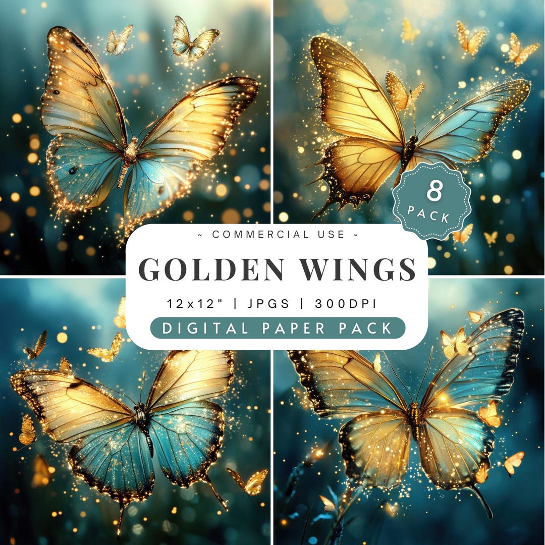 Golden Wings Butterflies Texture Backgrounds Digital Paper Pack 8 High ...