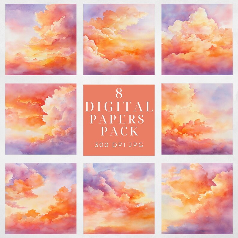 Watercolor Sunset Skies Backgrounds Digital Paper Pack 8 High ...