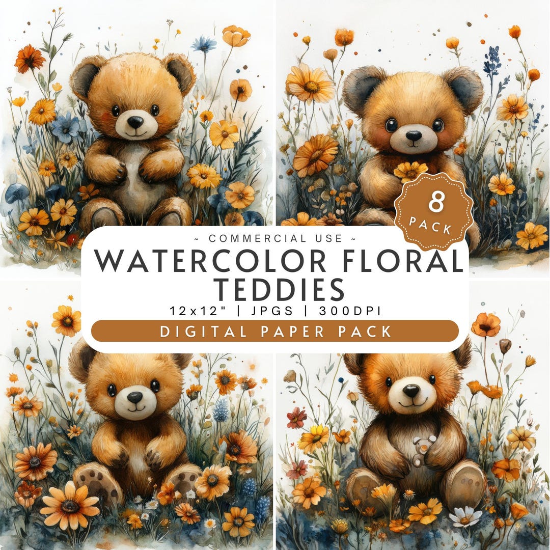 Watercolor Floral Teddies Teddy Bear Texture Backgrounds 8 Digital ...