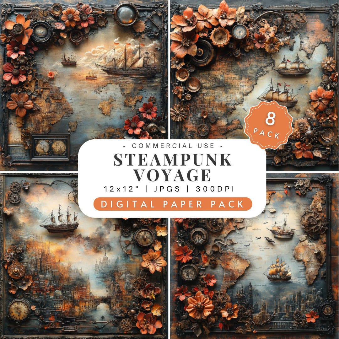 Steampunk Voyage Map Texture Backgrounds Digital Paper Pack 8 High Res ...