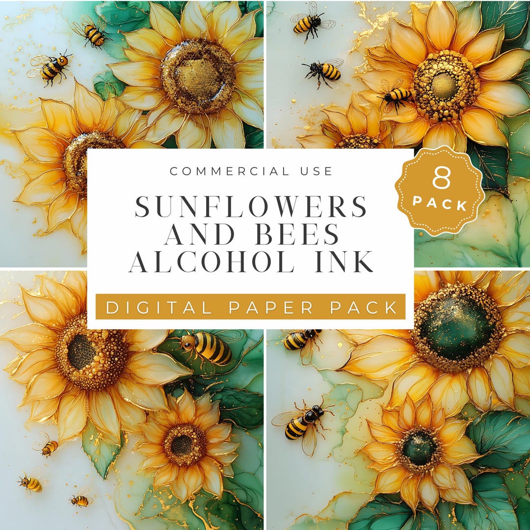 Sunflowers Bees Alcohol Ink Backgrounds Digital Paper Pack 8 High Res ...