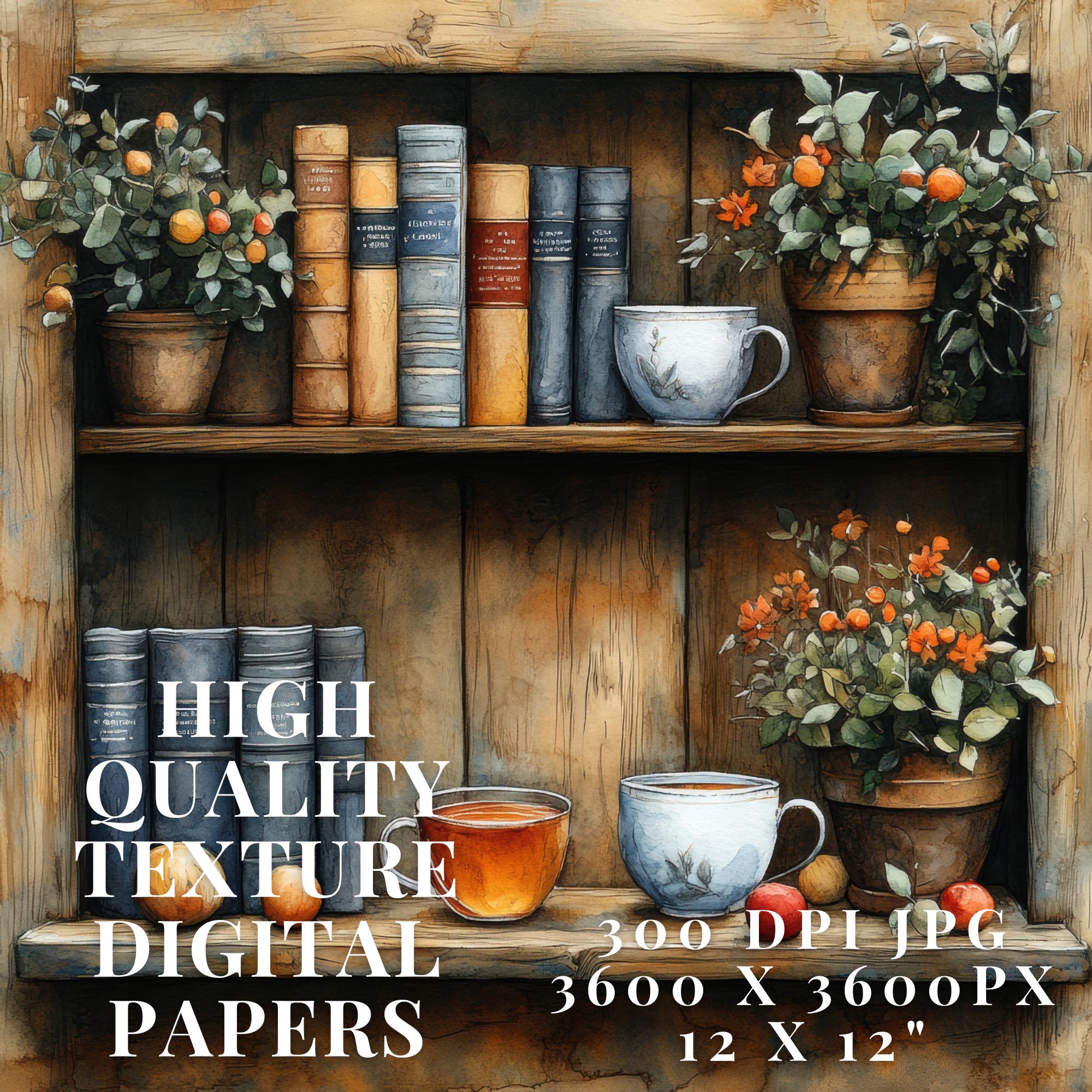 Cozy Bookshelf Books Tea Texture Backgrounds Digital Paper Pack 8 High ...