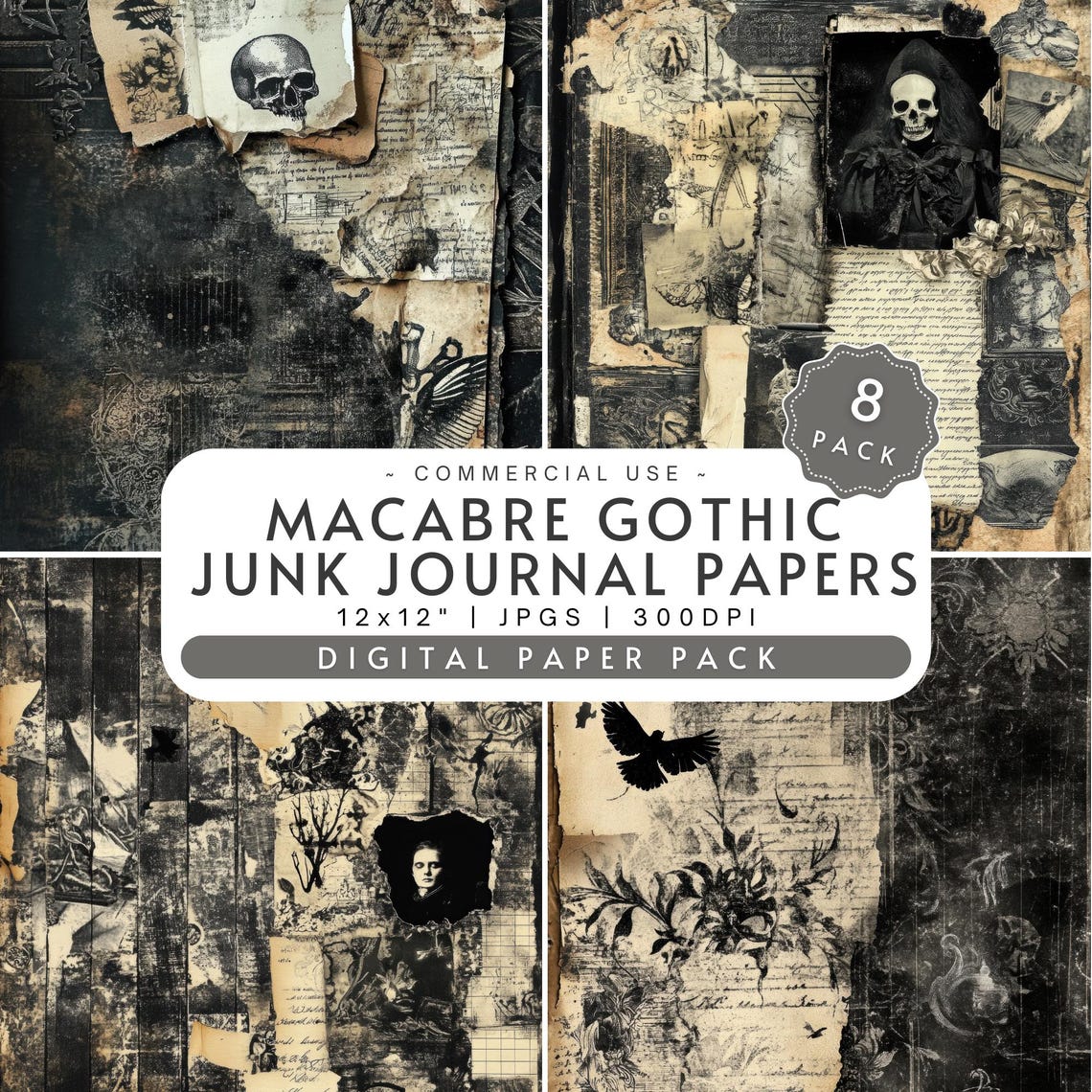 Macabre Gothic Junk Journal Dark Texture Backgrounds 8 Digital Paper ...