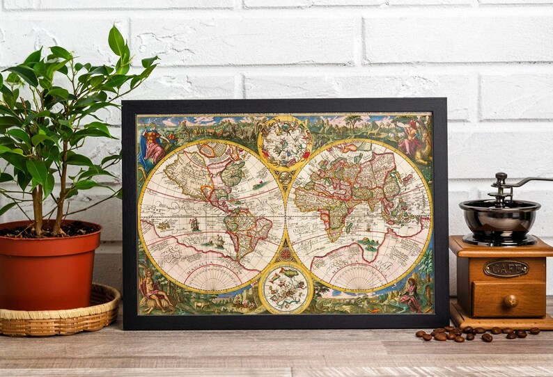 Old World Map, 1594 Vintage Antique Style Map of the World, by Plancius, Gift for Him Gift for ...