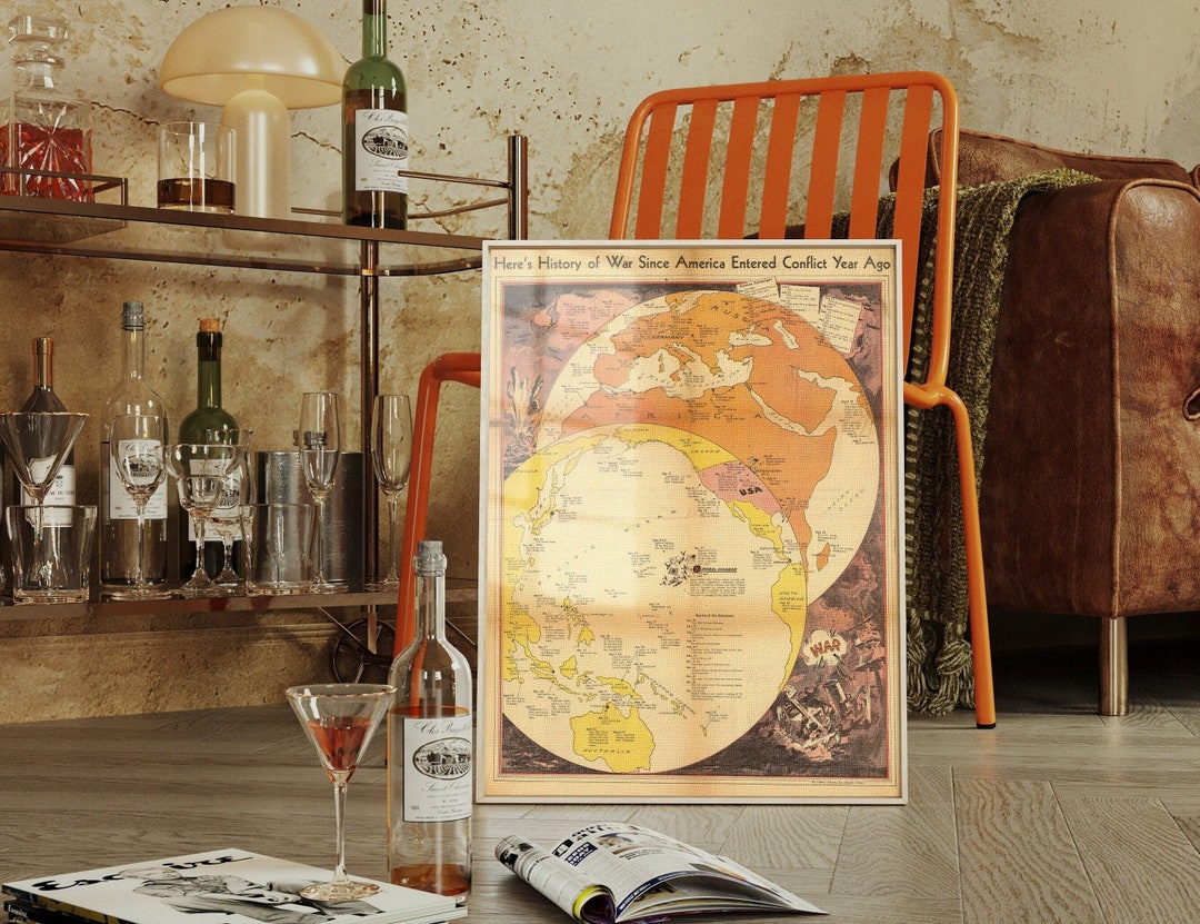 World War II Historical Map, 1940s World War II Vintage War Art, Rare ...