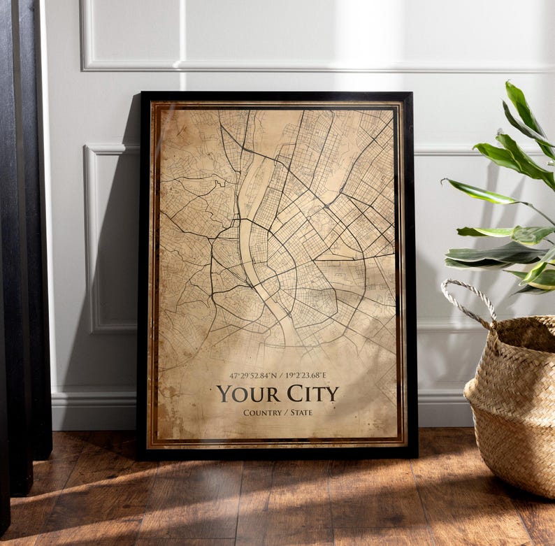 Custom Vintage Map Print, Any City Map, Personalized Antique Style Map ...