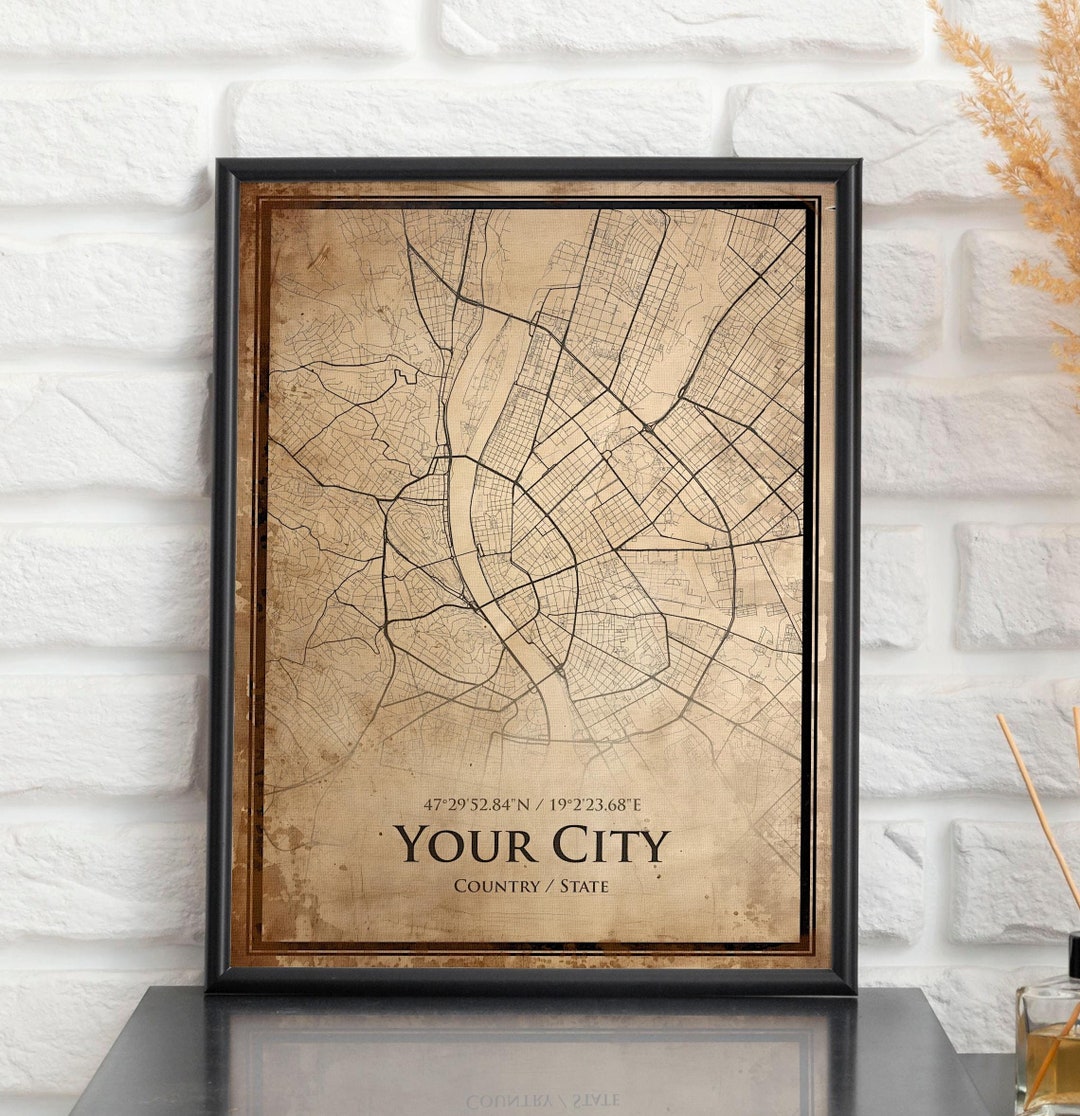 Custom Vintage Map Print, Any City Map, Personalized Antique Style Map ...