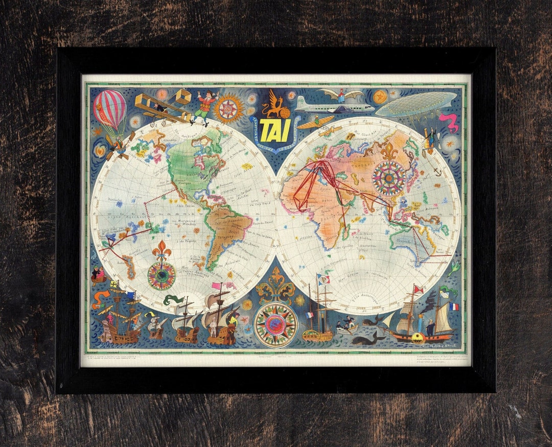 Old TAI World Map, 1958 Antique Style Vintage Map of the World, Rare ...