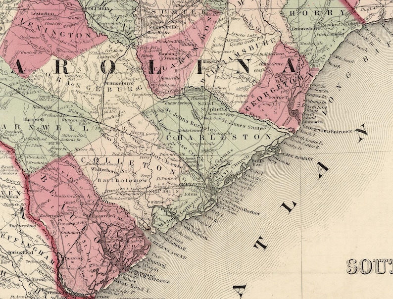 Old Carolina State Map, 1864 Vintage Antique Style Map of the Carolinas ...