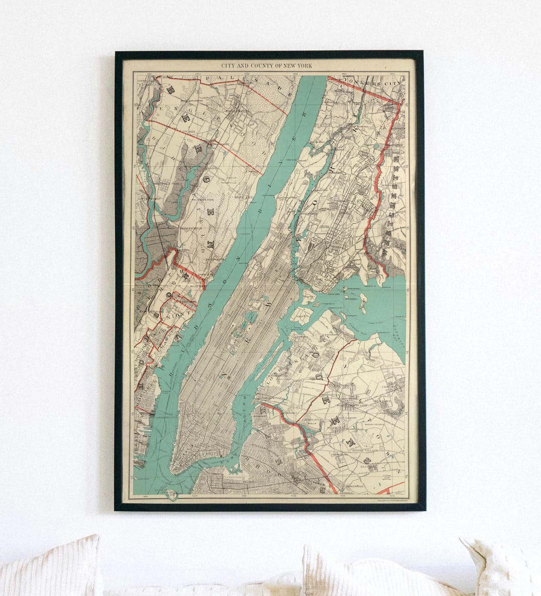 Old New York City Map Poster, 1895 Vintage Map of Manhattan NYC, Hand ...