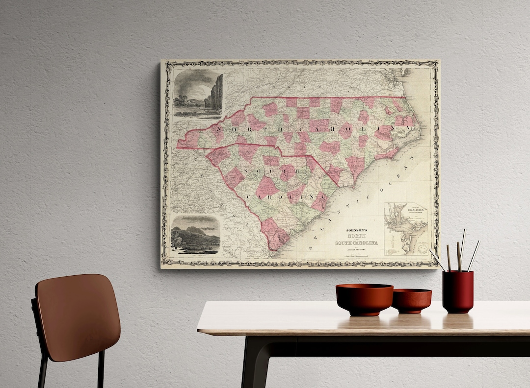 Old Carolina State Map, 1864 Vintage Antique Style Map of the Carolinas ...