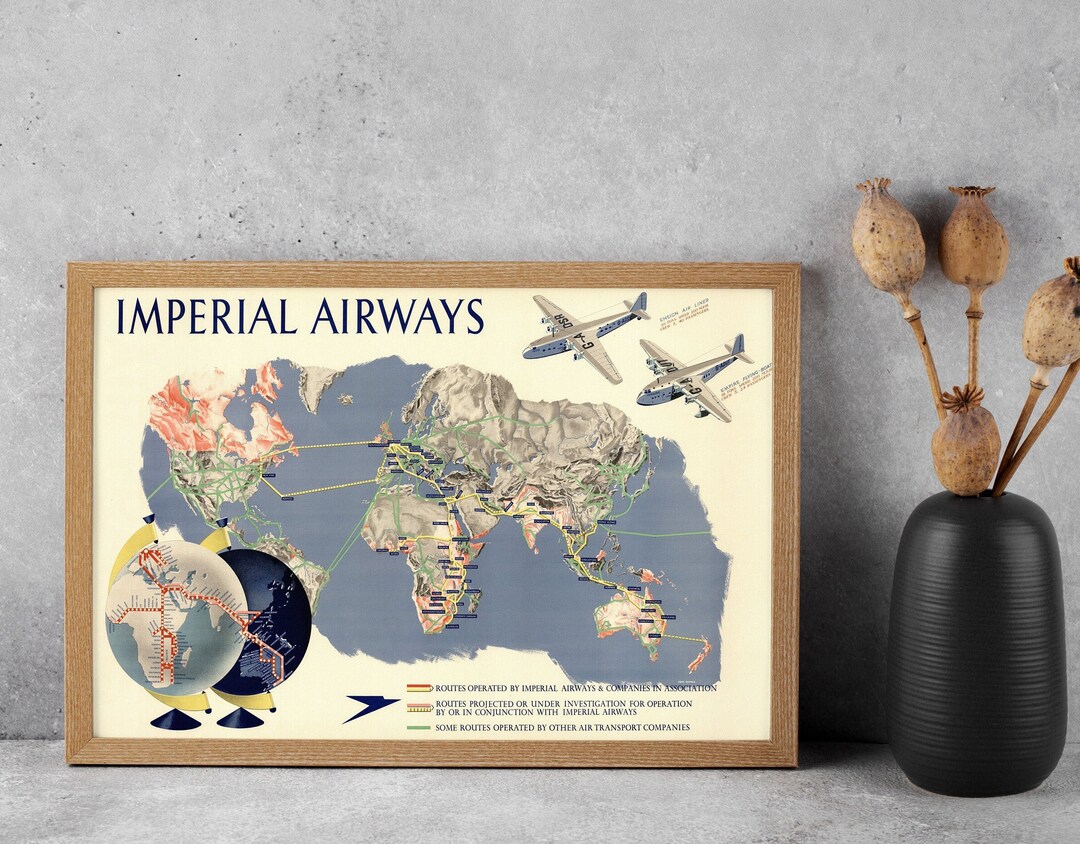 Old Airway World Map, 1937 Antique Style Vintage Map of the World, Rare ...