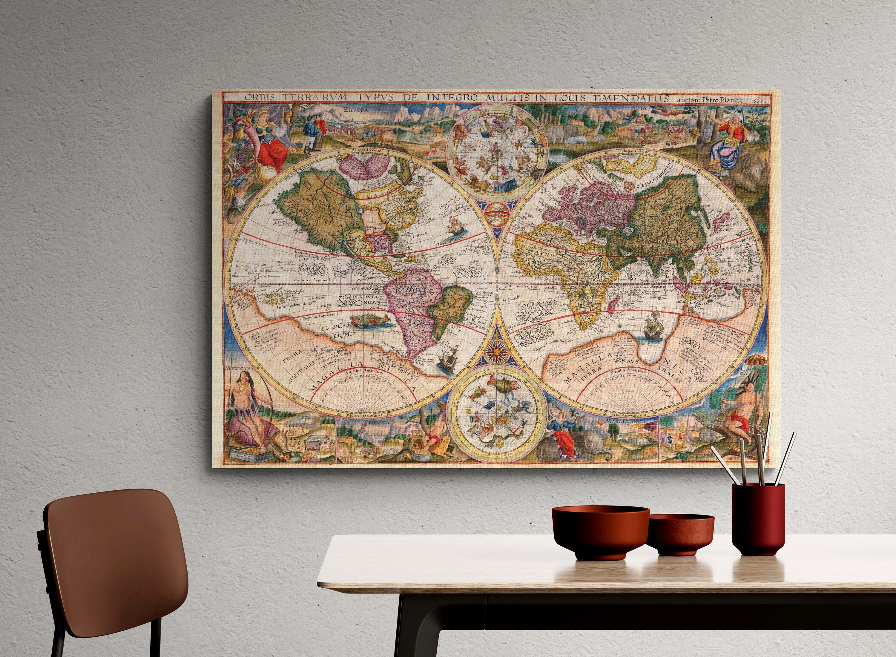 Old World Map, 1594 Vintage Antique Style Map of the World, by Plancius, Gift for Him Gift for ...