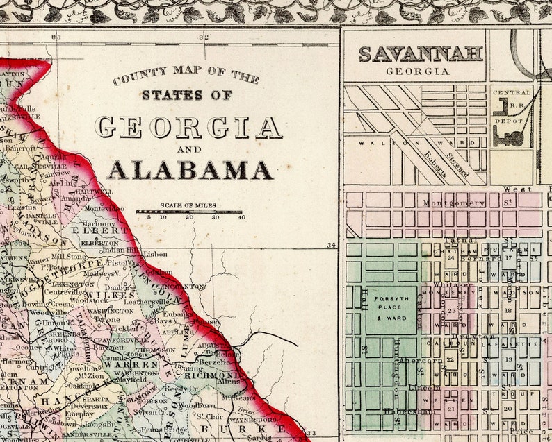 Old Georgia State Map, 1874 Vintage Antique Style Map of Georgia and ...